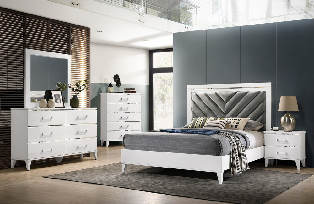Chelsie White Wood Queen Bed with Gray Fabric Headboard – Aetna Stores